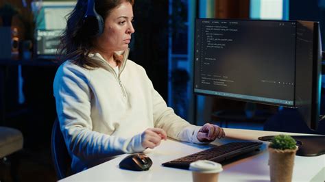 Woman Listening Music While Doing Software Quality Assurance Reading Source Code On Computer