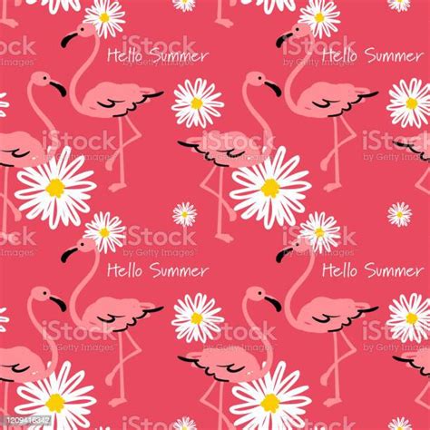 안녕하세요 핑크 배경에 데이지 꽃과 안녕하세요 여름 텍스트플라밍고의 여름 원활한 패턴 벡터 그림입니다 0명에 대한 스톡 벡터 아트 및 기타 이미지 Istock