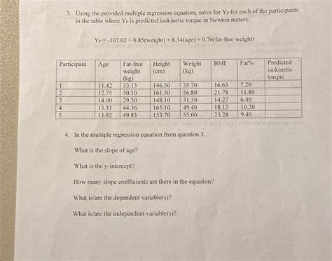 Solved 3 Using The Provided Multiple Regression Equation