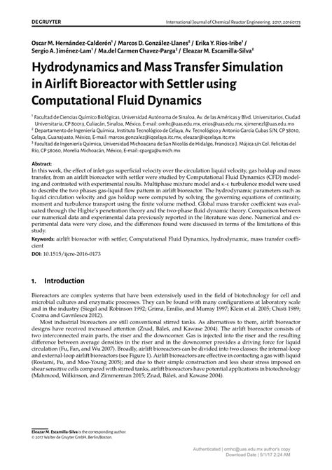 Pdf Hydrodynamics And Mass Transfer Simulation In Airlift Bioreactor With Settler Using