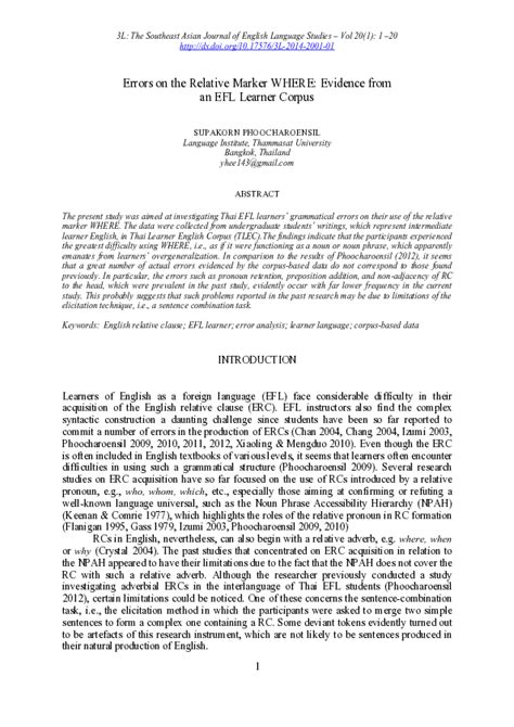 Pdf Errors On The Relative Marker Where Evidence From An Efl Learner Corpus