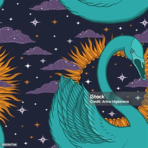 스케치 그래픽 그림 아름 다운 완벽 한 패턴 새 백조 색상 신비 하 고 신비로운 손으로 그린 기호 벡터 일러스트입니다 빈티지 올드 패션 문신으로 인쇄합니다