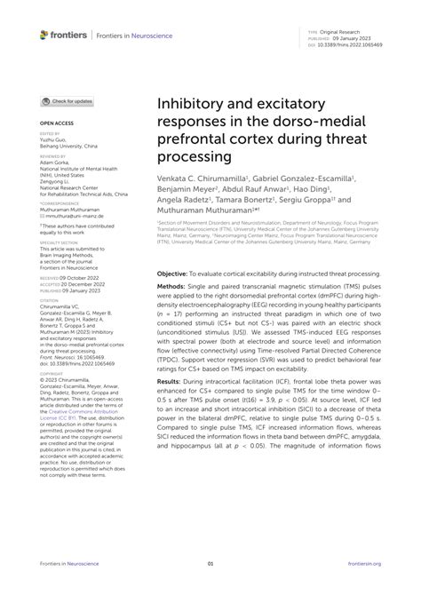 Pdf Inhibitory And Excitatory Responses In The Dorso Medial Prefrontal Cortex During Threat