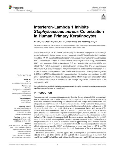 Pdf Interferon Lambda 1 Inhibits Staphylococcus Aureus Colonization In Human Primary Keratinocytes