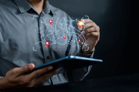 Businessman Using Laptop To Searching World Map With Location Point Gps App Destination Travel