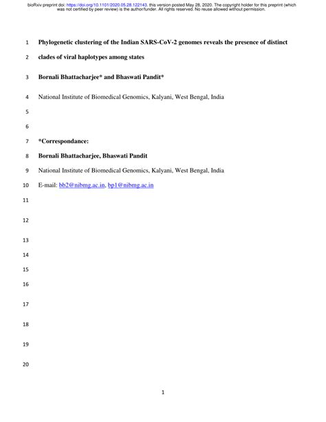 Pdf Phylogenetic Clustering Of The Indian Sars Cov 2 Genomes Reveals The Presence Of Distinct