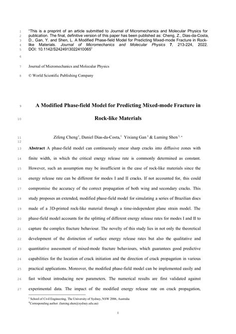 Pdf A Modified Phase Field Model For Predicting Mixed Mode Fracture