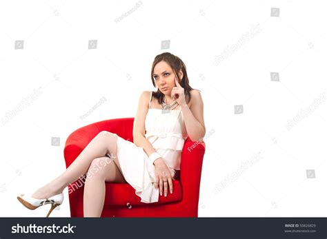 Sexy Woman On Red Sofa Isolated Foto Stok 50826829 Shutterstock