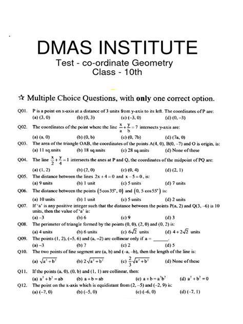 Cl10 Maths Coordinator Geometry Mcq Test Pdf Triangle Cartesian Coordinate System
