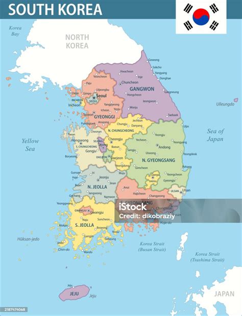 대한민국지도 벡터 새로운 2024 다채로운 웹 사이트 교육 보고서 뉴스 정치 인쇄 포스터 및 배경 화면을위한 행정 구역이있는 한국의 사용자 정의 가능한 계층 정치지도