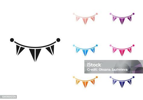 흰색 배경에 고립 된 플래그 아이콘과 검은 카니발 화환 생일 축하 축제 및 공정한 장식파티 페넌트 다채로운 아이콘을 설정합니다 벡터 갈란드 장식품에 대한 스톡 벡터 아트 및