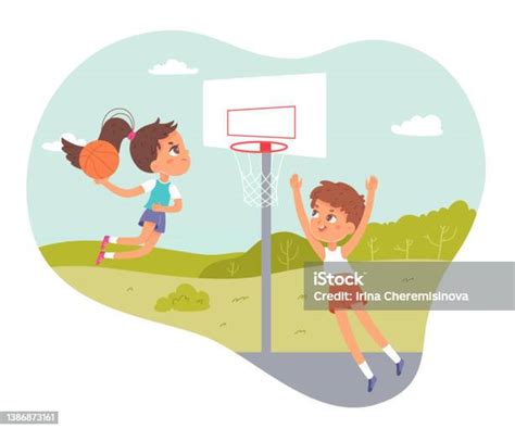 스포츠 여름 캠프 아이들은 농구 재미있는 게임을 바구니에 공을 던져 높은 점프 운동 선수에 대한 스톡 벡터 아트 및 기타 이미지 운동 선수 2명 개념 Istock