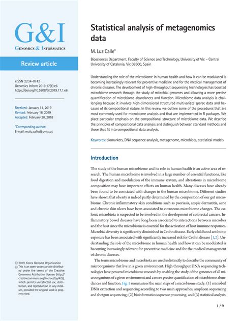 Pdf Statistical Analysis Of Metagenomics Data