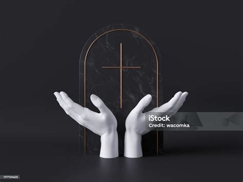 3d 렌더링 검은 색 배경에 고립 된 흰색 마네킹 손 검은 대리석 보드 묘비 황금 가톨릭 십자가 종교적 상징 영적 개념 고급 최소한의 모형 간단한 청소 디자인 공중 부양에