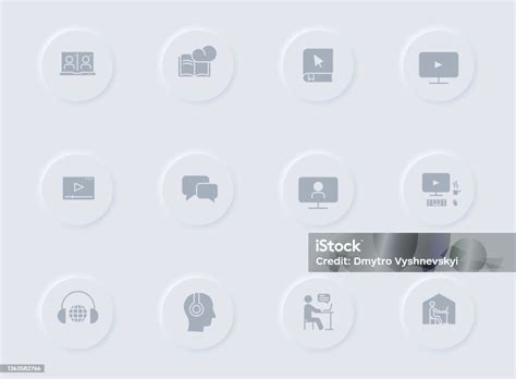 둥근 고무 버튼에 회색 벡터 아이콘을 학습 E 웹 모바일 앱 Ui 디자인 및 프로모션 비즈니스 폴리그래피용 E 학습 아이콘 세트 거리가 먼에 대한 스톡 벡터 아트 및 기타