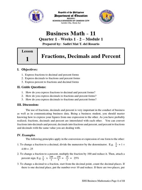 Business Math Q1 W1 2 M1 L1 3 Lds Fractions Decimals Percentages Jra