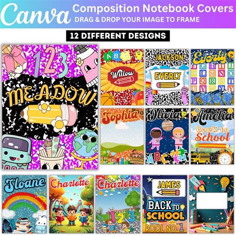 12 Composition Notebook Cover Template Bundle Editable Canva