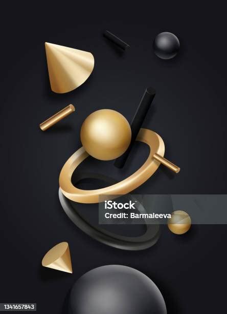 검은 색과 황금 기하학적 모양은 어두운 배경에 개체를 형성합니다 실제 형상 요소가 흐르고 있습니다 구 원콘 및 기타 기하학적 모양 0명에 대한 스톡 벡터 아트 및 기타