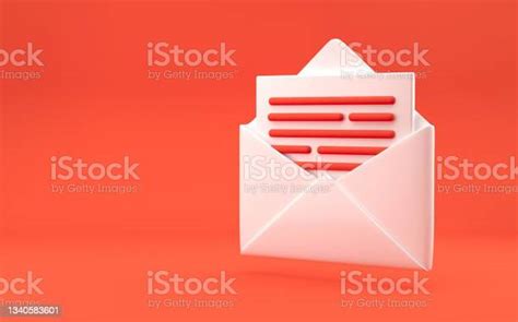 내부에 편지가 있는 메일 기호를 엽니다 밝은 빨간색 배경에 대한 텍스트 정보입니다 봉투를 엽니다 현실적인 개념 3d 렌더링 뉴스레터에 대한 스톡 사진 및 기타 이미지