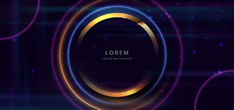 추상 기술은 미래의 금색 동그라미 네온 빛 밝은 선 효과가 진한 파란색 배경에 있습니다 0명에 대한 스톡 벡터 아트 및 기타