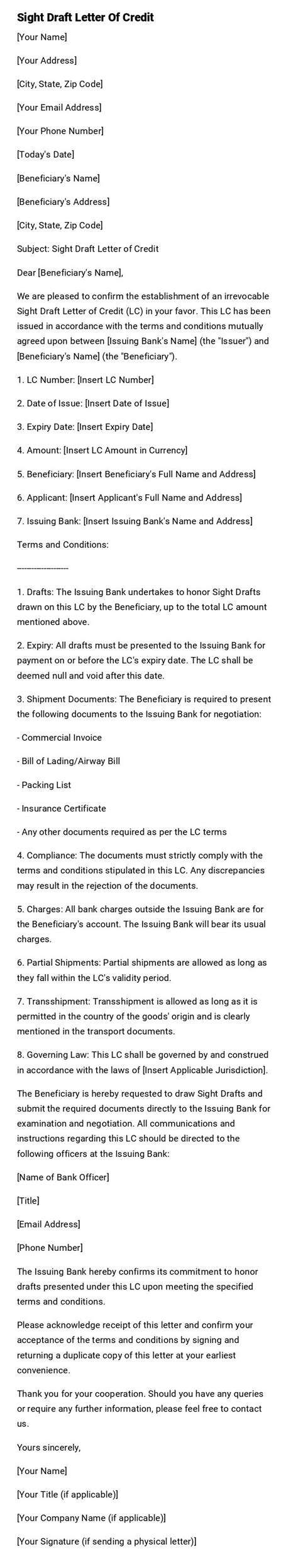 Sight Draft Letter Of Credit