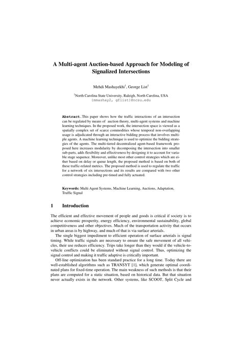 Pdf A Multiagent Auction Based Approach For Modeling Of Signalized Intersections