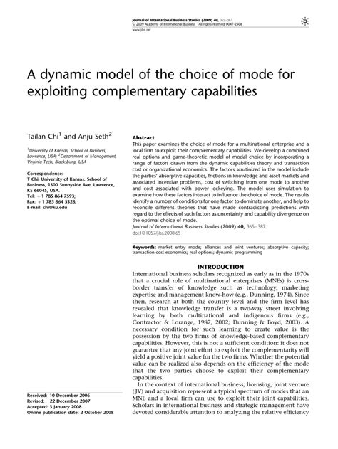 Pdf A Dynamic Model Of The Choice Of Mode For Exploiting Complementary Capabilities