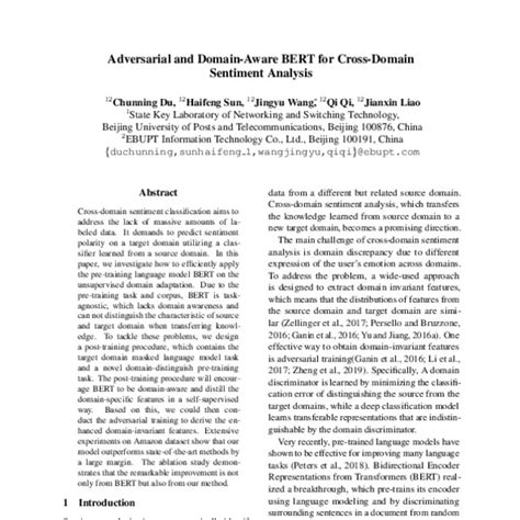 Adversarial And Domain Aware Bert For Cross Domain Sentiment Analysis Acl Anthology