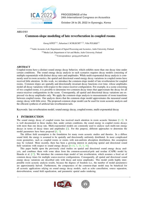 Pdf Common Slope Modeling Of Late Reverberation In Coupled Rooms