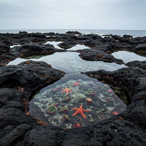 Tide Pools Trapped In Volcanic Rock Forming Natural Aquariums Stock