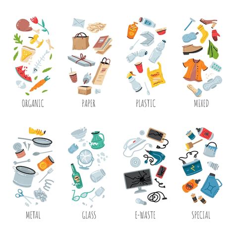 쓰레기 수거 분리 및 재활용 일러스트 쓰레기 종류 프리미엄 벡터