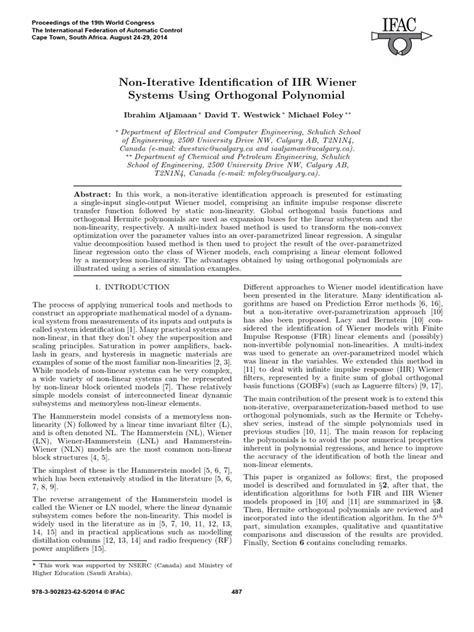Non Iterative Identification Of Iir Wiener Systems Usi 2014 Ifac Proceedings Pdf Basis
