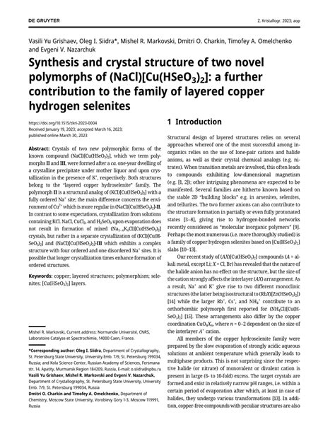 Pdf Synthesis And Crystal Structure Of Two Novel Polymorphs Of Nacl [cu Hseo3 2] A Further