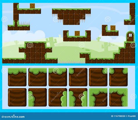 Grass Platformer Level Floor Design Set Vector Illustration