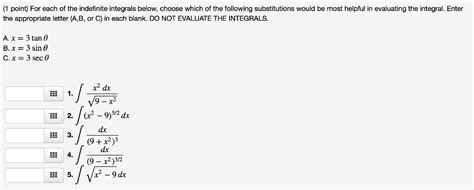 solved 1 point for each of the indefinite integrals below