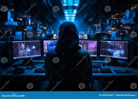 a professional hacker hooded and enigmatic seated in front of a bank of multiple computer