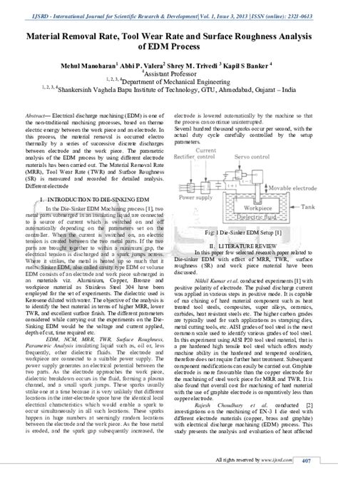 Pdf Material Removal Rate Tool Wear Rate And Surface Roughness Analysis Of Edm Process