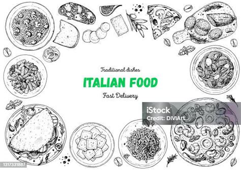 이탈리아 음식 맨 위 보기입니다 스케치 일러스트레이션 이탈리아 요리 디자인 템플릿입니다 손으로 그린 그림 흑백 각인 된 스타일 파스타와 피자 라비올리 정통 요리 리조또에
