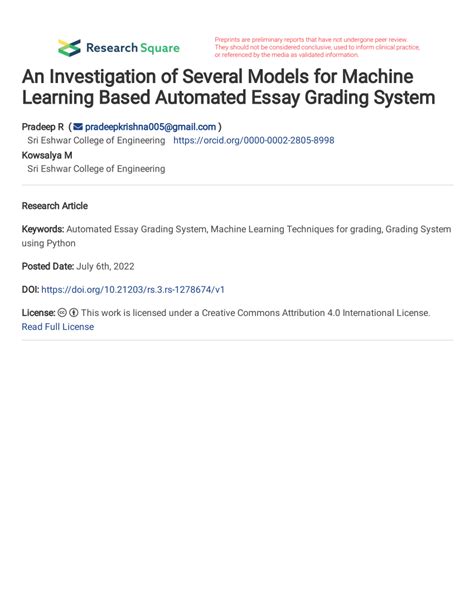 Pdf An Investigation Of Several Models For Machine Learning Based Automated Essay Grading System