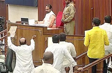 Two Mlas Clash In Andhra Pradesh Assembly As Tdp Protest Turns Ugly
