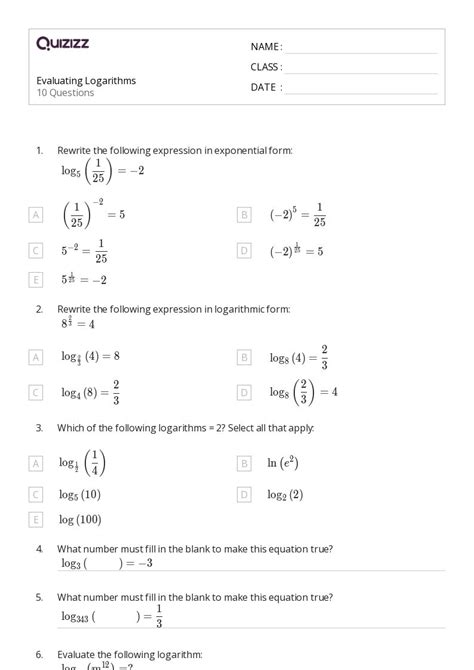 50 Logarithms Worksheets For 10th Grade On Quizizz Free And Printable