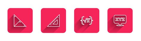 삼각형의 세트 앵글 바이섹터 삼각형 눈금자 사각형 루트 X 글리프 및 긴 그림자가 있는 Xyz 좌표 시스템 빨간색 사각형