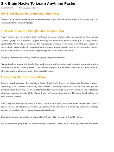 Six Brain Hacks To Learn Anything Faster Pdf Learning Sleep