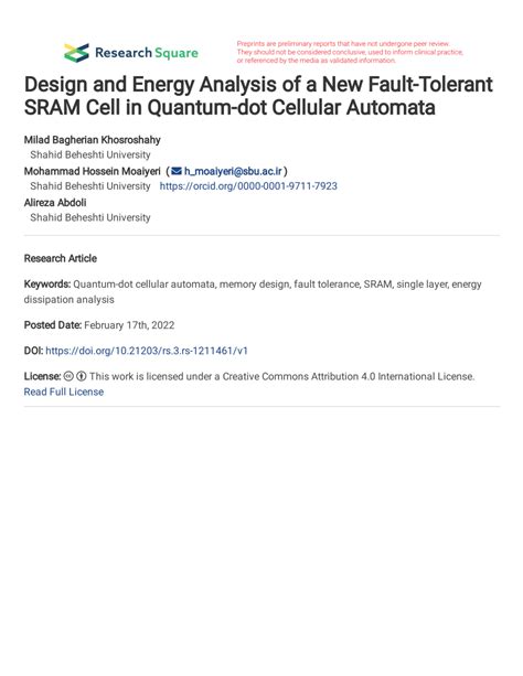 Pdf Design And Energy Analysis Of A New Fault Tolerant Sram Cell In Quantum Dot Cellular Automata