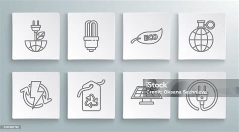 세트 라인 충전 Led 전구 재활용 기호가 있는 태그 태양 에너지 패널 전기 플러그 리프 에코 행성 지구 및 재활용 및 저장 리프 아이콘 벡터 Led 조명에 대한 스톡 벡터