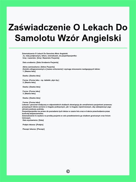 Zaświadczenie O Lekach Do Samolotu Wzór Angielski