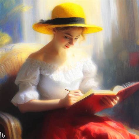 노란 모자에 빨간 치마를 입은 앙드레독서 미켈란젤로 부오나로티