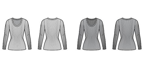 리브드 스쿱 넥 니트 스웨터 테크니컬 패션 일러스트와 긴 소매 밀착 모양 튜닉 길이 0명에 대한 스톡 벡터 아트 및 기타 이미지