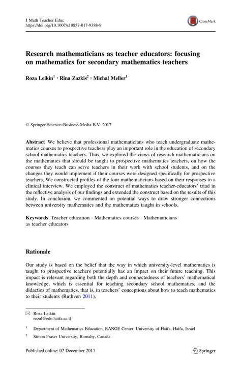 Pdf Research Mathematicians As Teacher Educators Focusing On Mathematics For Secondary