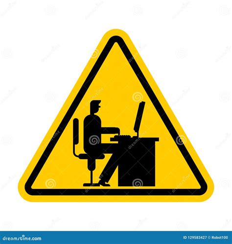 Attention Office Work Caution Manager Work At Computer Workplace Yellow Danger Road Sign Stock
